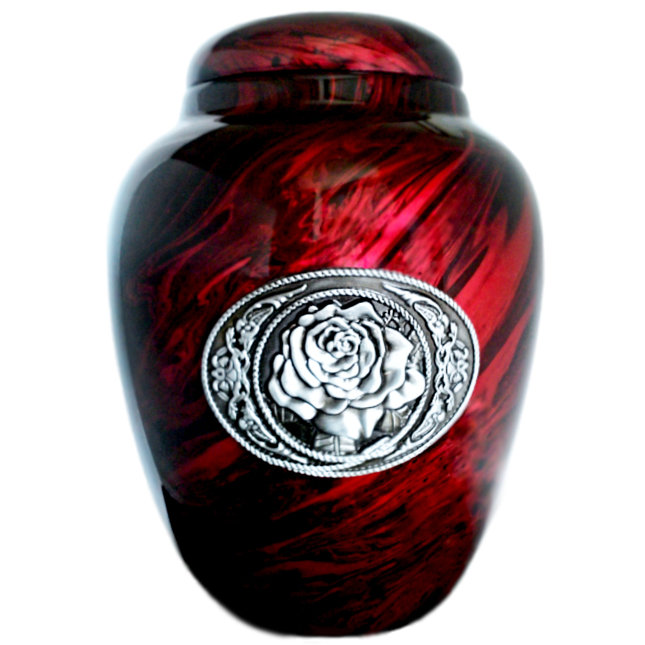 Marbled Red Cremation Urn with Pweter Rose Custom Urns R Us